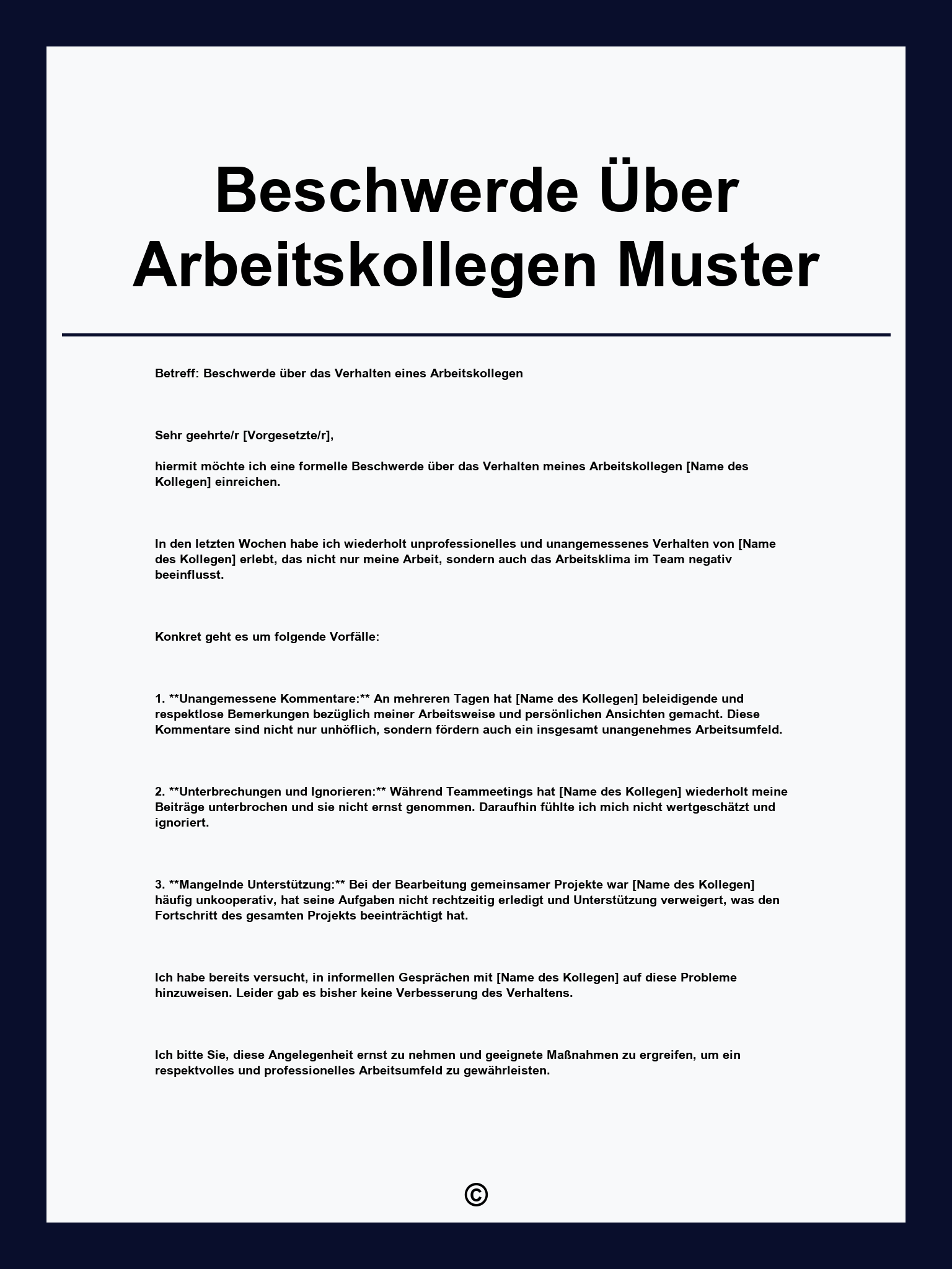 Beschwerde Über Arbeitskollegen Muster