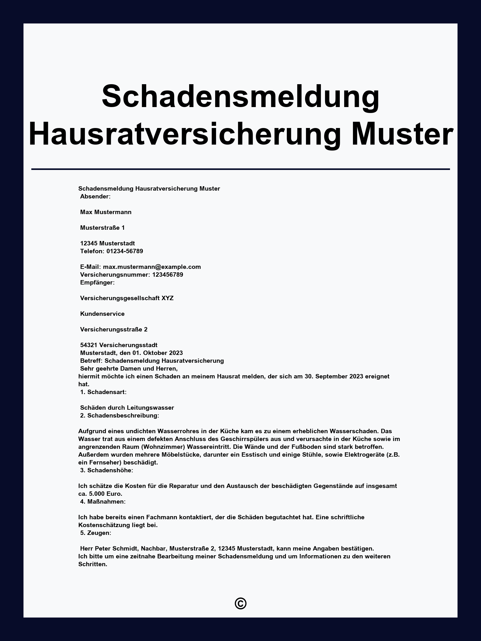 Schadensmeldung Hausratversicherung Muster